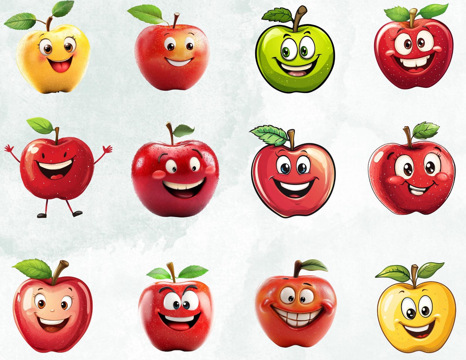 Funny Apple Clipart, Cute Fruit PNG, Cartoon Apples for Stickers ...