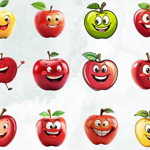 Funny Apple Clipart, Cute Fruit PNG, Cartoon Apples for Stickers ...