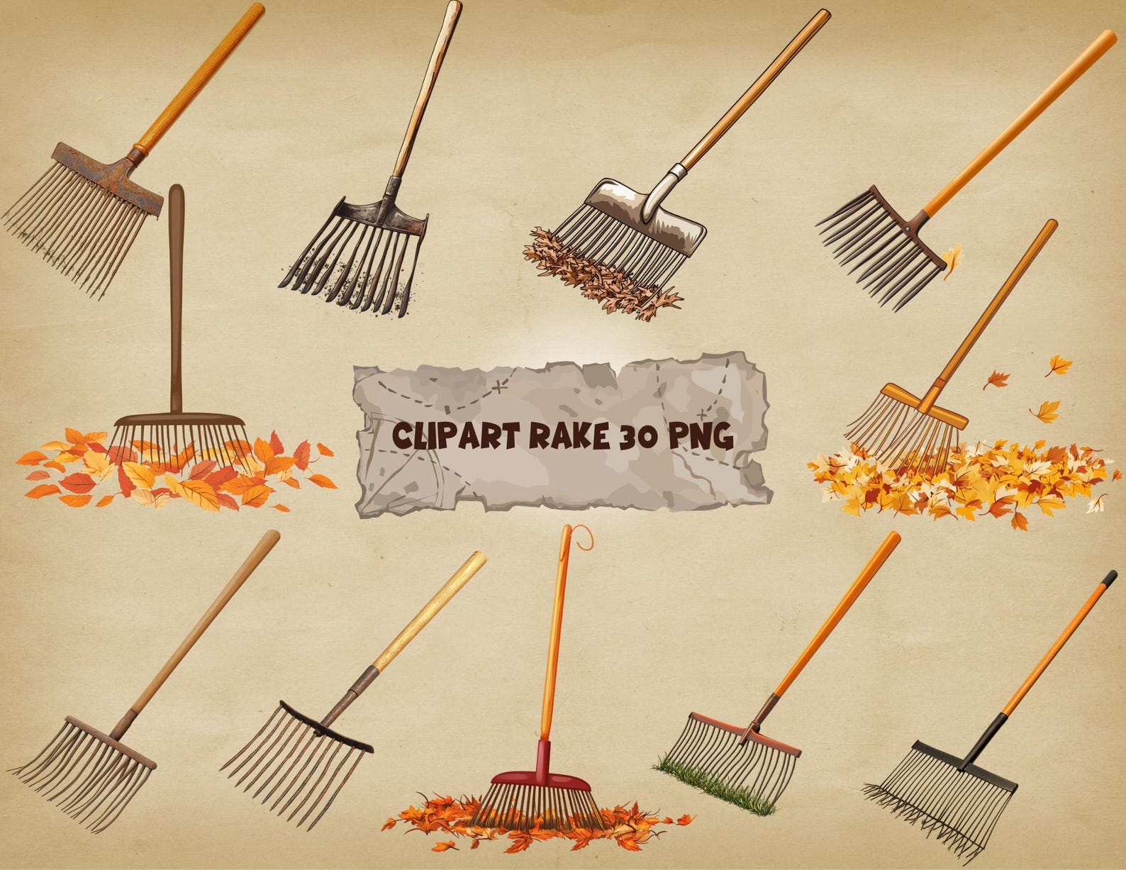 Rake Clipart Bundle, 30 PNG Files, Digital Print Pretty Rake for ...