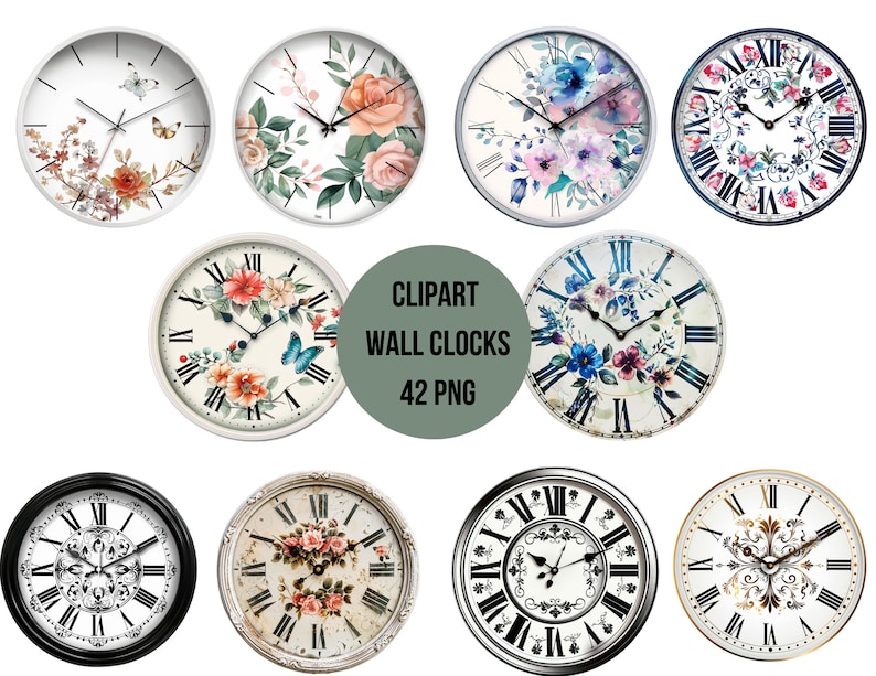 Floral Wall Clock Clipart, Vintage PNG Set (instant Download, Comercial ...
