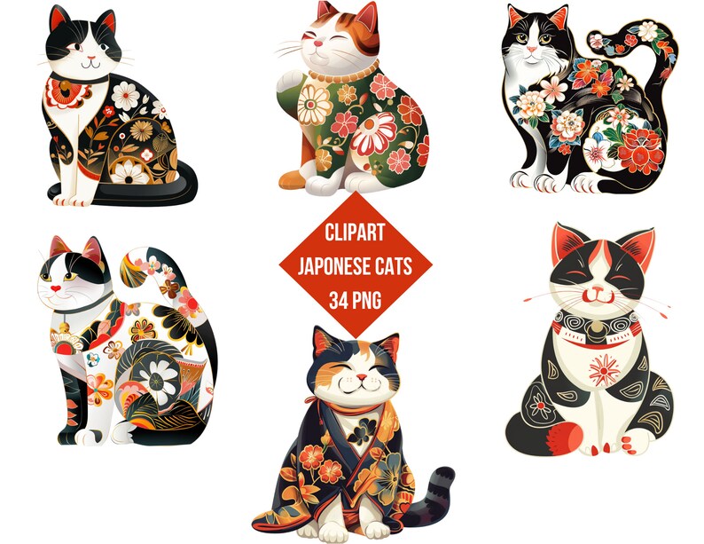 Clipart Japanese Cats | Japanese Cats PNG | Digital Print Japanese Cats ...