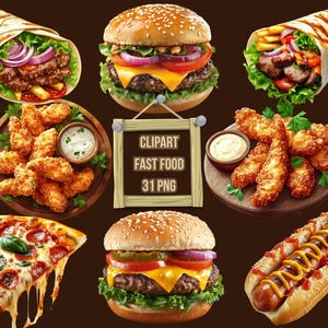 Fast Food Clipart Bundle: Burger, Pizza, Chicken (31 PNG, Commercial ...