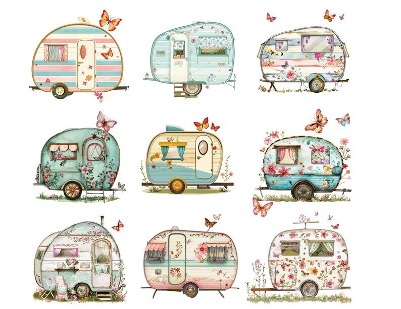 Clipart Pretty Caravans | Vintage Caravans PNG | Digital Print Caravans ...