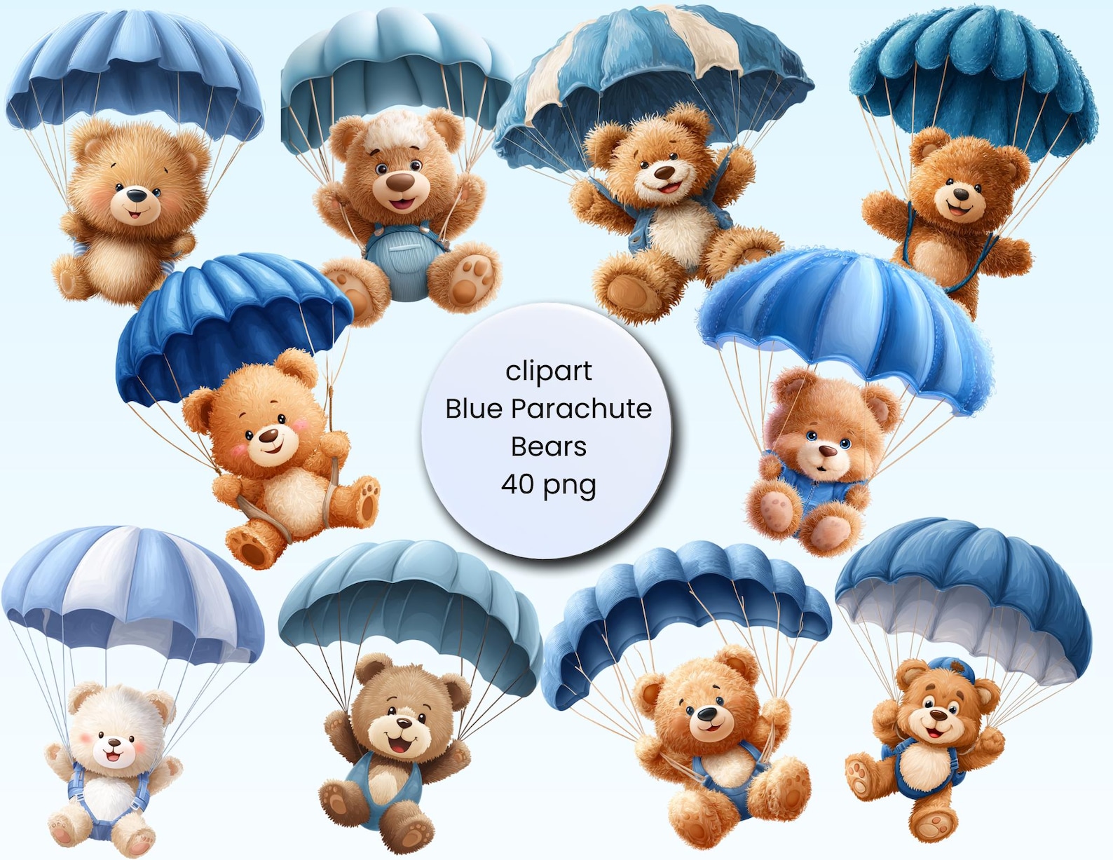 Blue Parachute Teddy Bear Clipart Bundle: Baby Boy Shower PNG ...