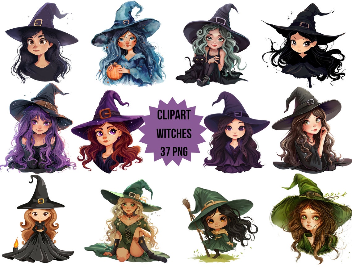 Cute Witches Clipart Set | 37 High-resolution PNG Illustrations for ...