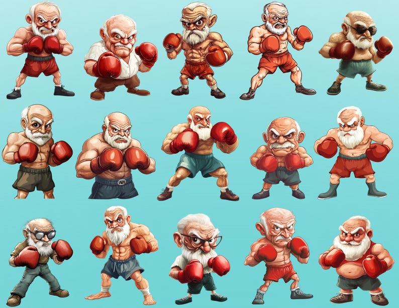 Vintage Boxer Fighters Clipart: Muscle Grandpa PNG Bundle (commercial ...