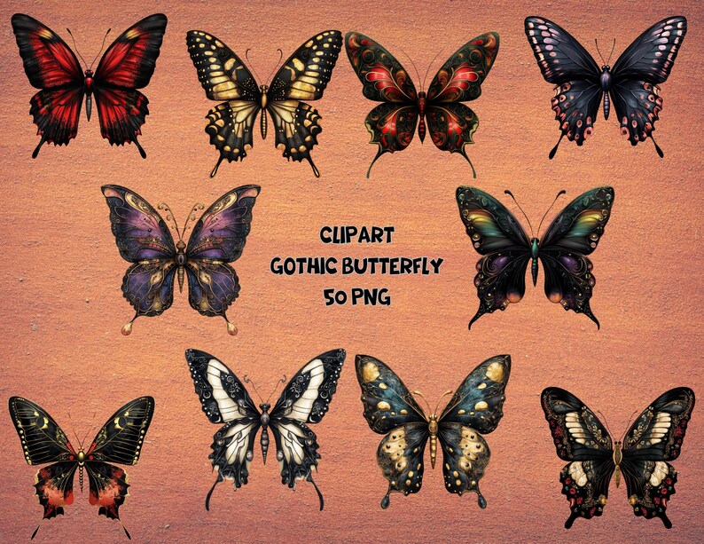 Gothic Butterfly Clipart Bundle | 50 PNG Dark Fantasy Designs | Unique ...