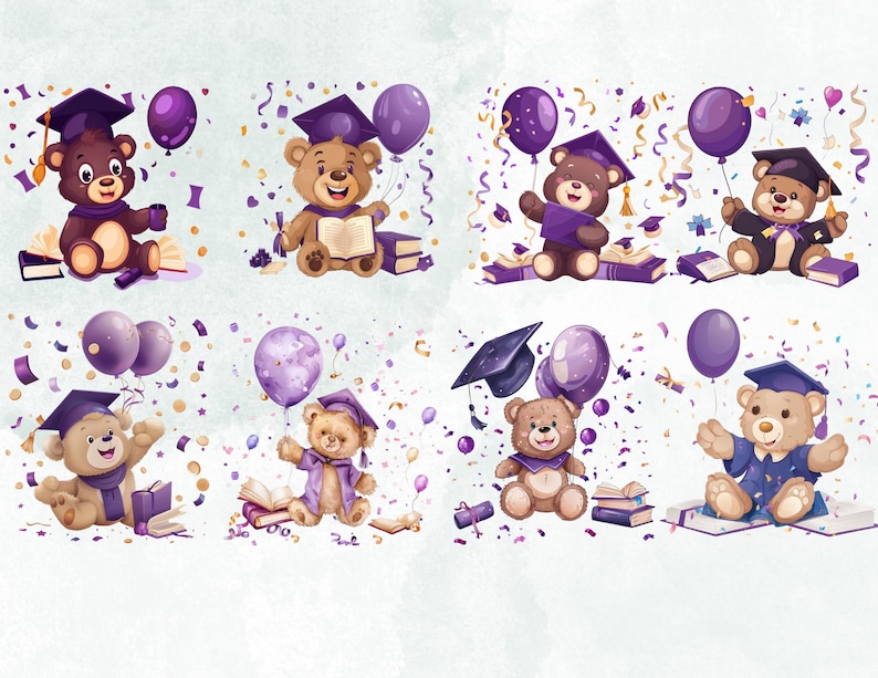 Clipart Adorables Bears at Graduation | Purple Bears PNG | Digital ...