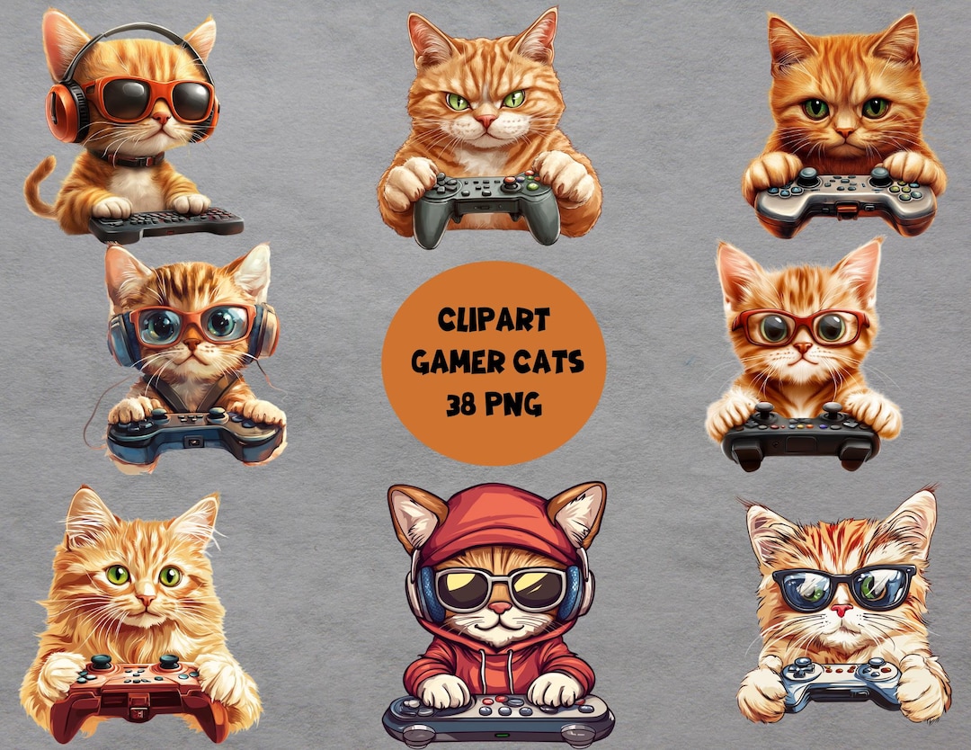 Gamer Cats Clipart Funny Cats PNG Digital Print Cats With Headsets and ...