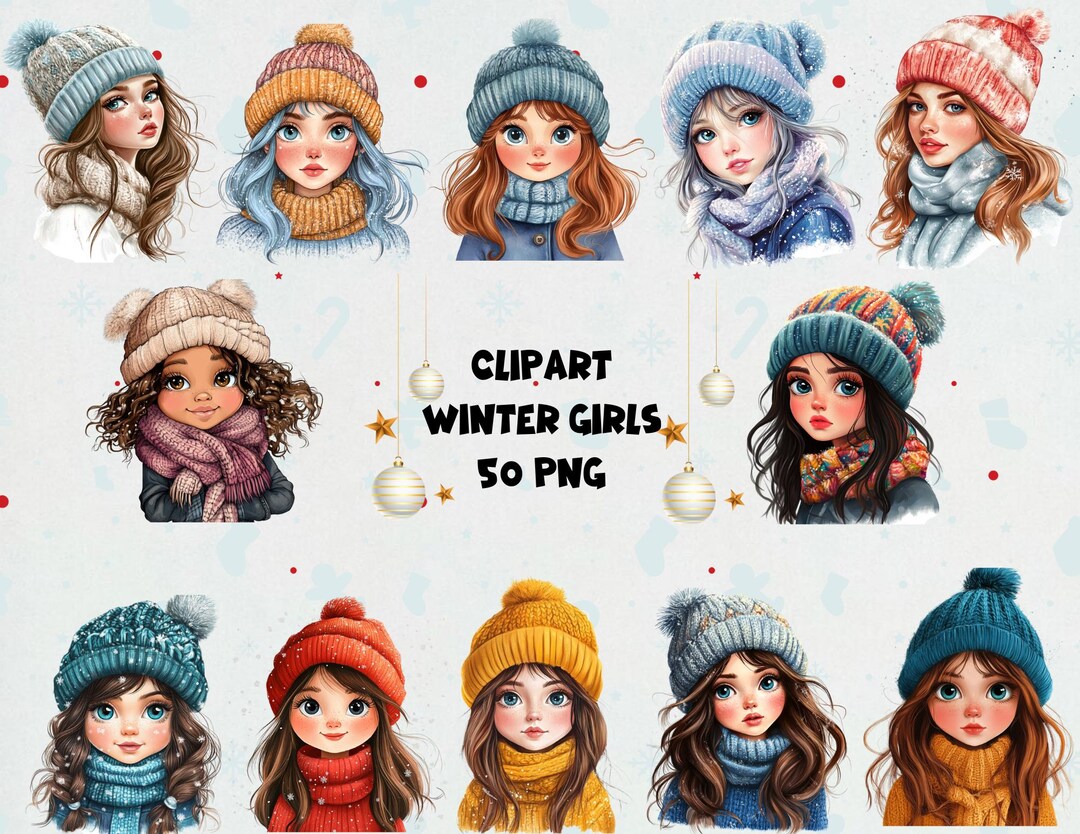 Winter Girls With Cozy Hats Clipart | Winter Vibes PNG | Digital Print ...