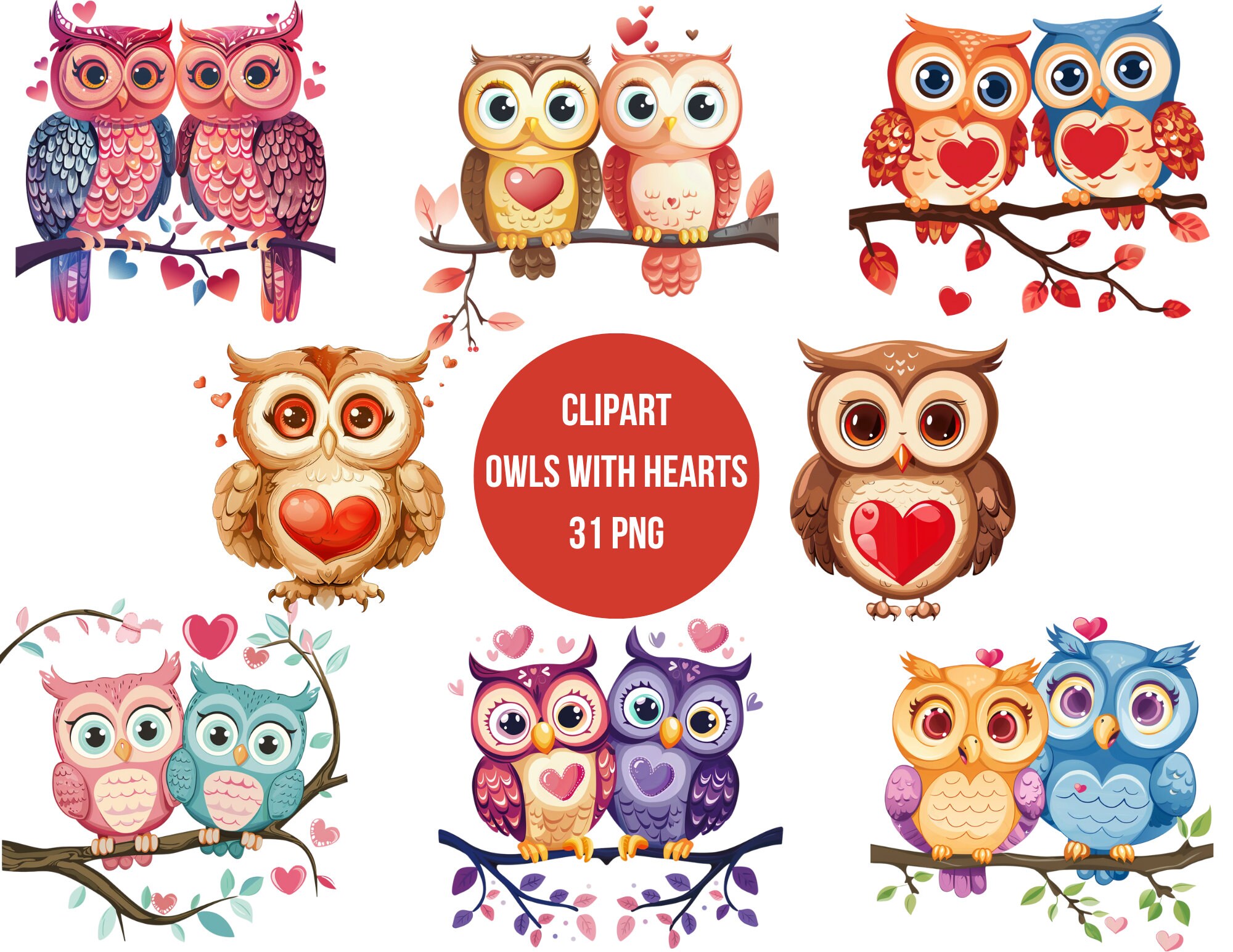 Clipart Owls With Hearts | Pretty Owls With Love PNG | Digital Print ...