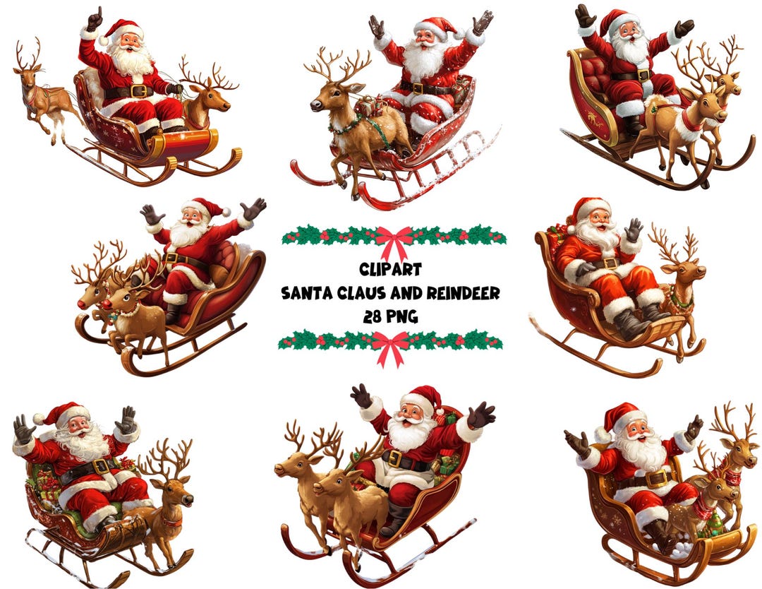 Santa Claus in Sleigh Clipart Bundle | Christmas Santa With Reindeer ...