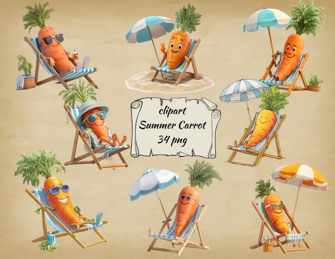 Summer Carrot Clipart Bundle, Funny Summer Veggies PNG, Beach Chair ...