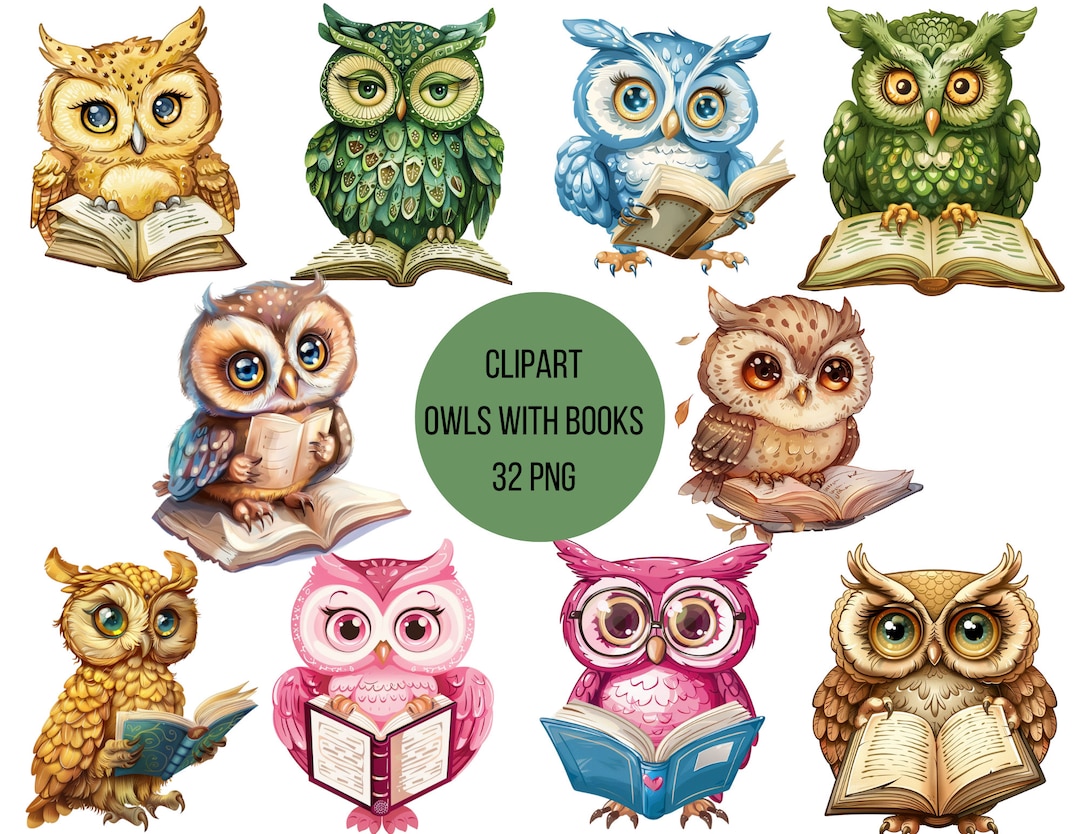 Clipart Owls With Books | Pretty Owls PNG | Digital Print Cute Owls ...