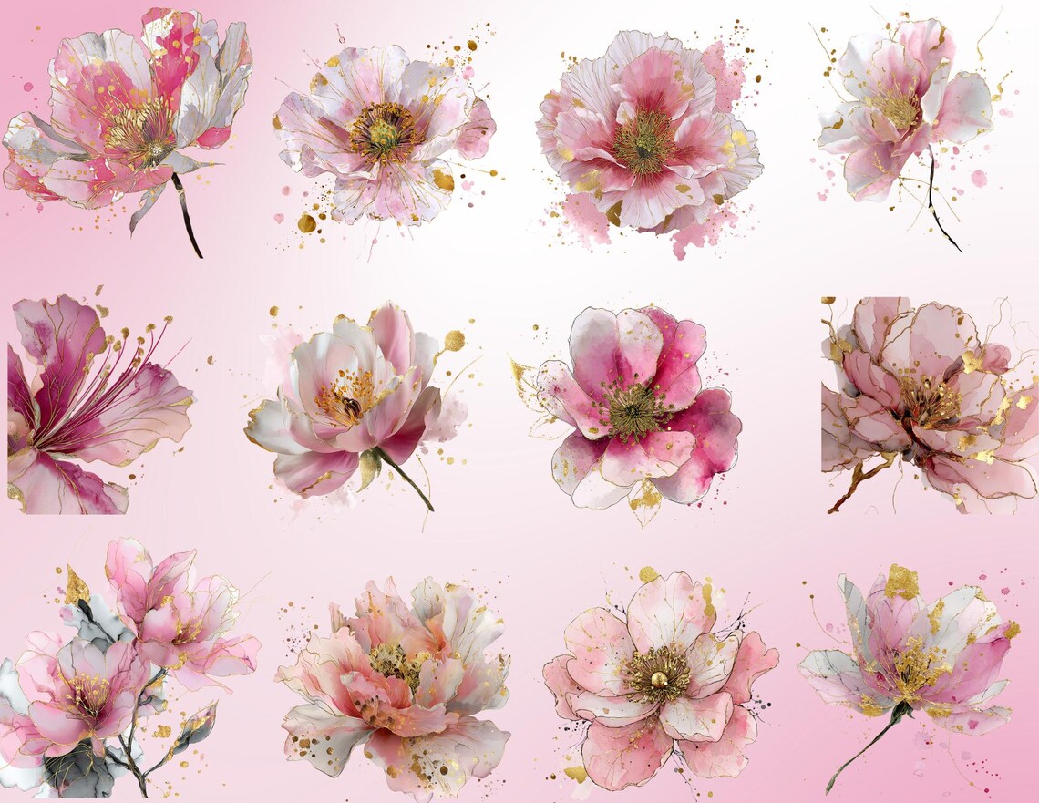 Pink Watercolor Flowers Clipart: Elegant Floral PNG Bundle (commercial ...