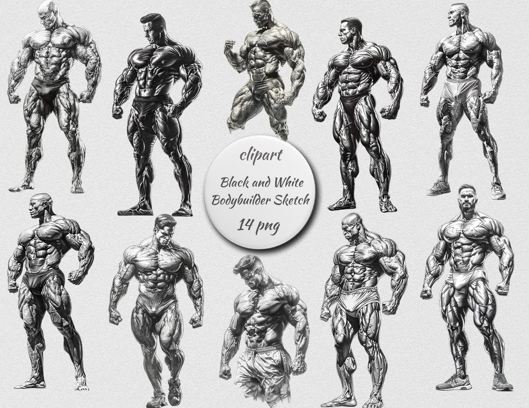 Bodybuilder Sketch Clipart, Muscular Man PNG, Black and White Fitness ...