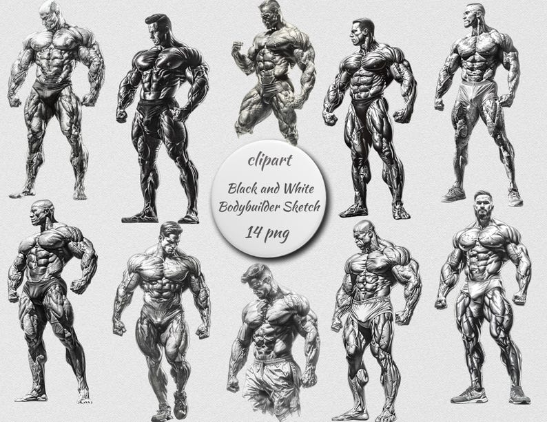 Muscular Man Sketch Clipart: Bodybuilder PNG Set (commercial Use) - Etsy