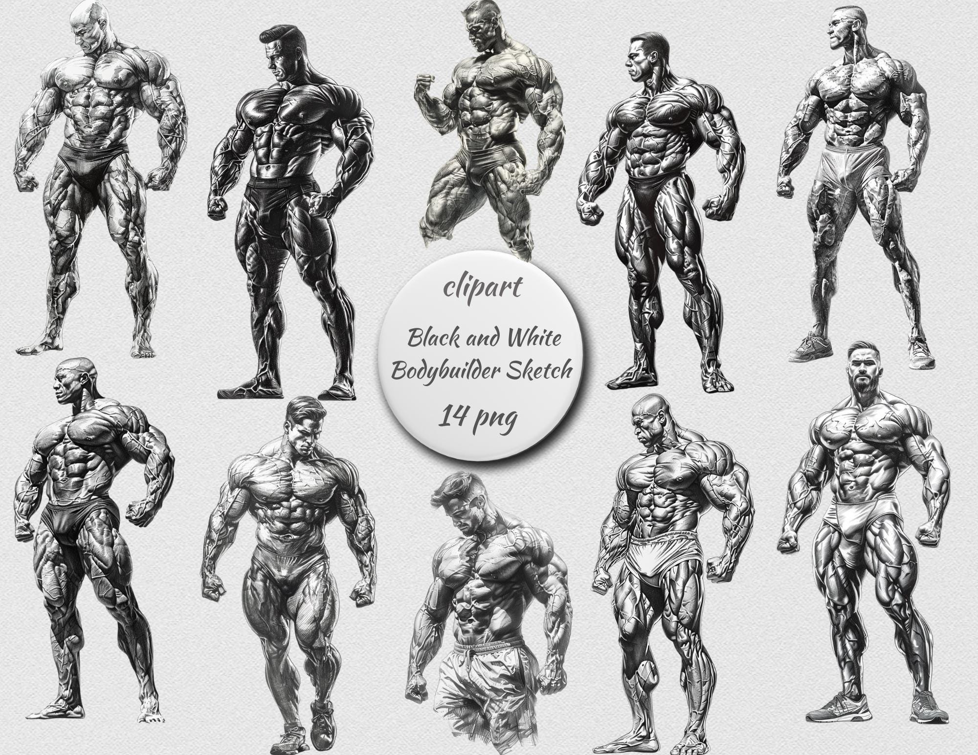 Bodybuilder Sketch Clipart, Muscular Man PNG, Black and White Fitness ...