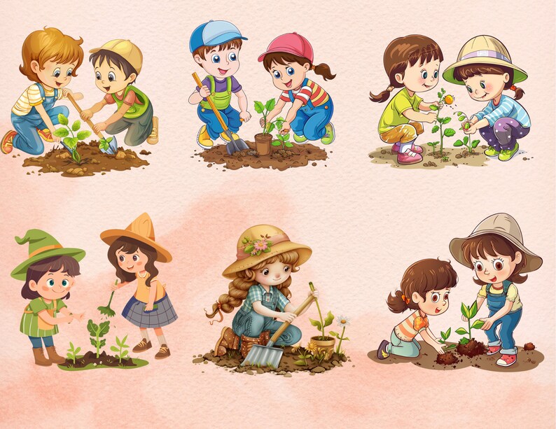 Clipart Children Planting Flowers Kids in the Gardens Little Gardeners ...