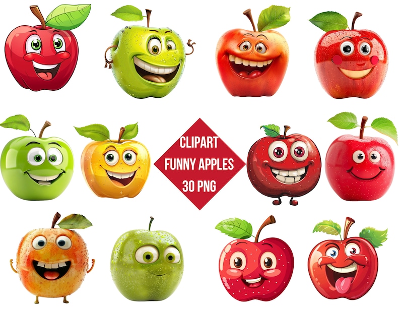 Funny Apples Clipart Set | Illustrations With Cheerful Expressions ...