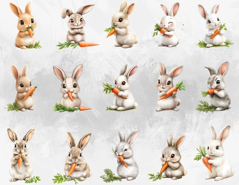 Clipart Pretty Rabbits With Carrots | Digital Print Cute Rabbits ...