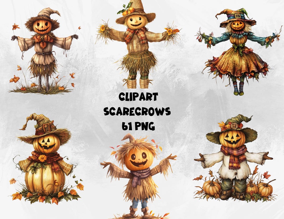Scarecrow Clipart PNG Bundle, Cute Pumpkin Head Autumn Characters, Fall ...