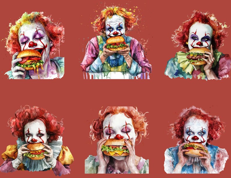 Clown With Burger Clipart Bundle | Watercolor Funny Clowns 31 PNG ...