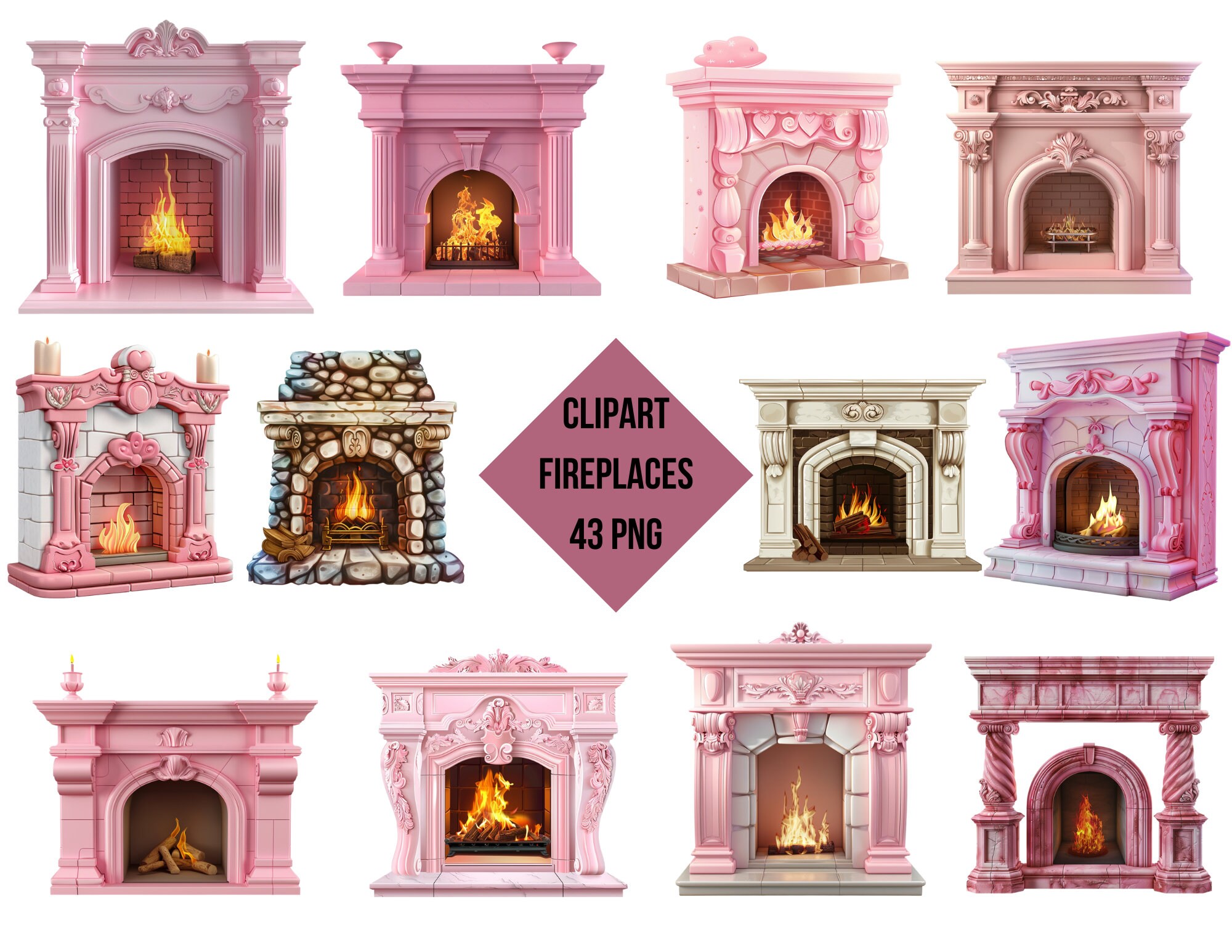 Clipart Fireplaces | Colorful Fireplaces PNG | Digital Print Fireplaces ...