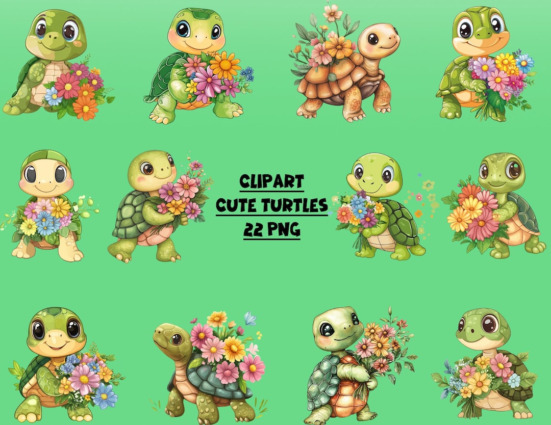 Clipart Pretty Turtles With Flowers | Cute Turtles Perfect for Designs ...