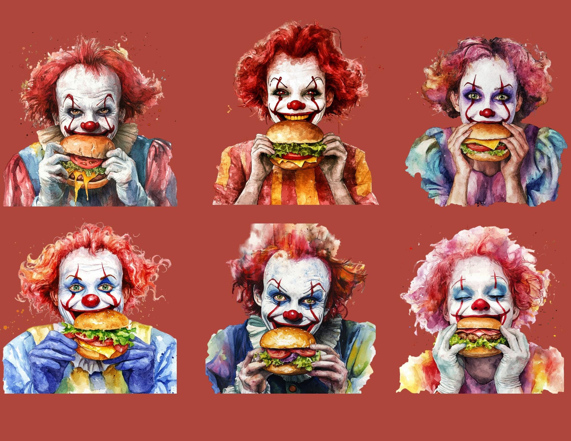 Clown With Burger Clipart Bundle | Watercolor Funny Clowns 31 PNG ...