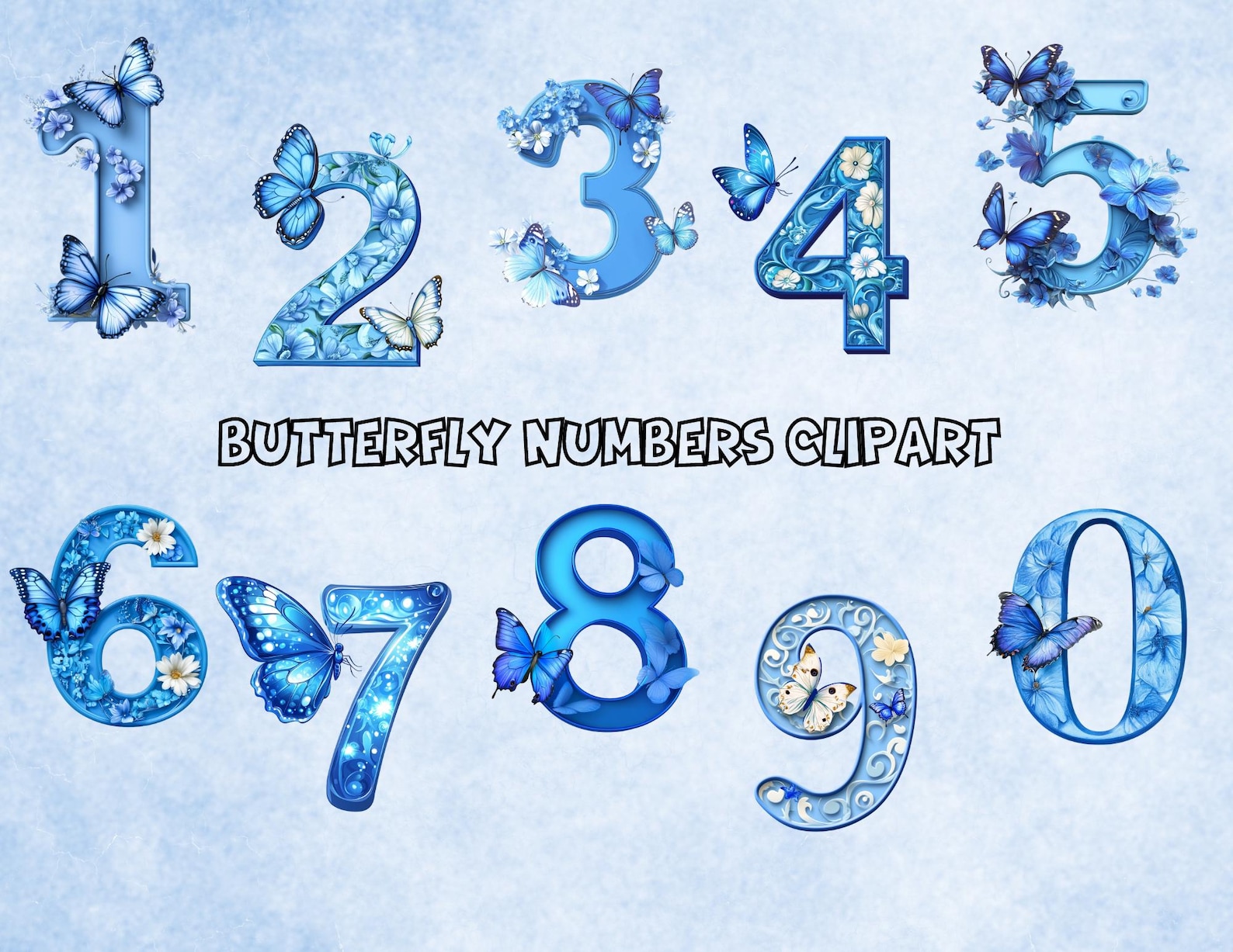 Butterfly Numbers Clipart, Blue Floral Number PNG, Elegant Number Art ...