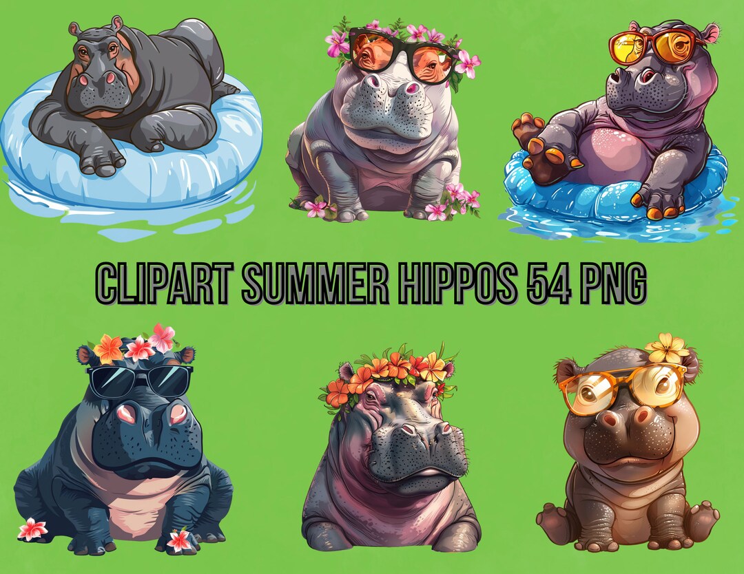 Clipart Summer Hippos | | Vibrant Hippo Illustration PNG | Cool Funny ...