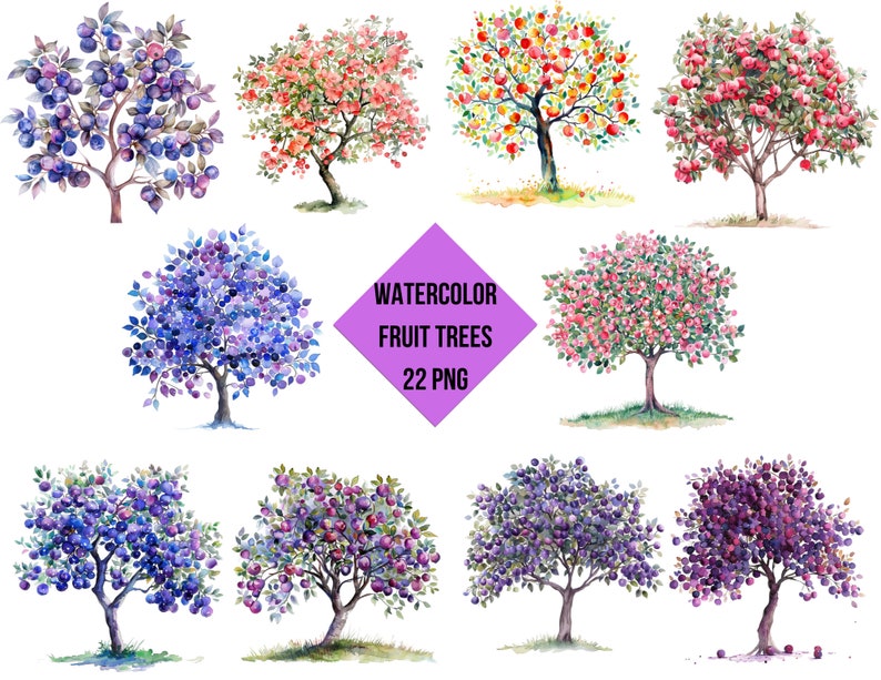 Watercolor Fruit Trees | Fruit Trees PNG | Digital Print Fruit Trees ...