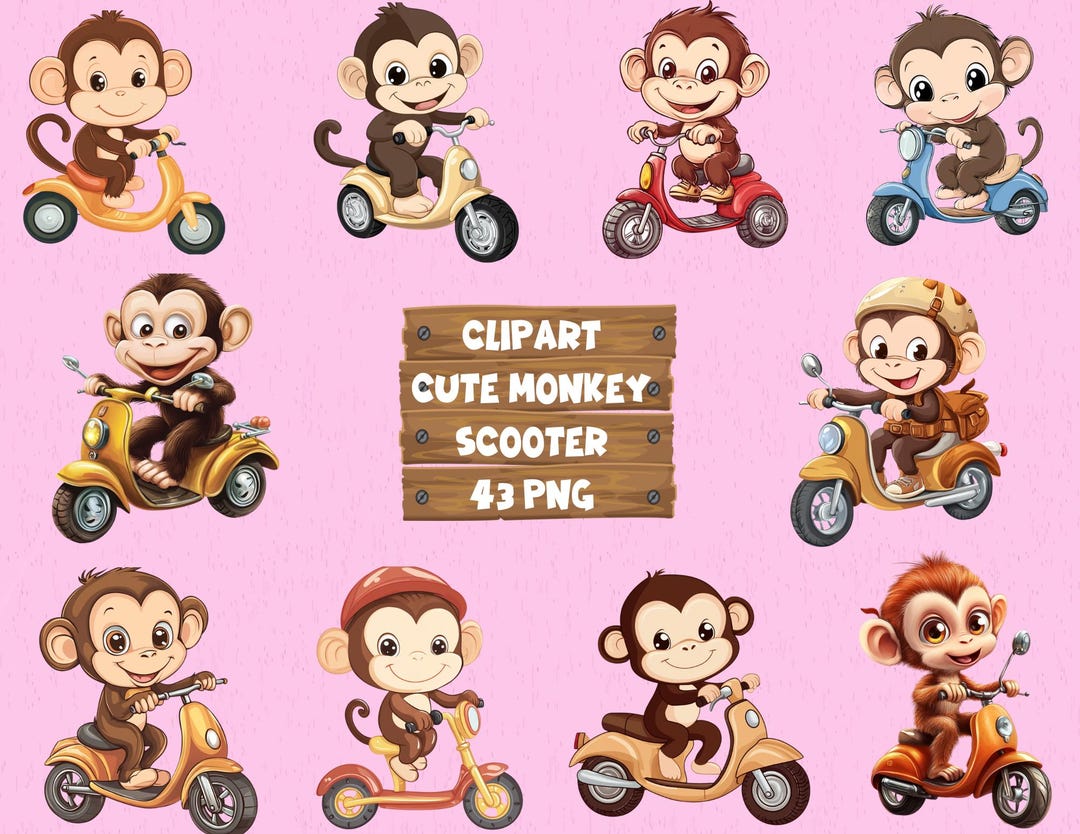 Cute Monkeys on Scooter Clipart Bundle | Adorable Animals PNG | Kids ...