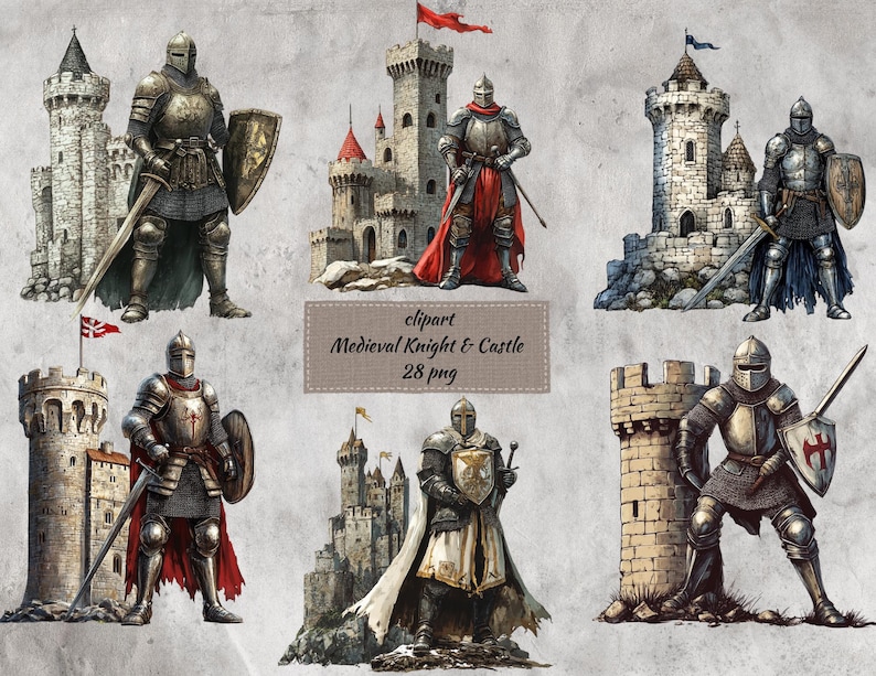 Medieval Knight & Castle Clipart Bundle, 28 PNG, Fantasy Warrior Art ...