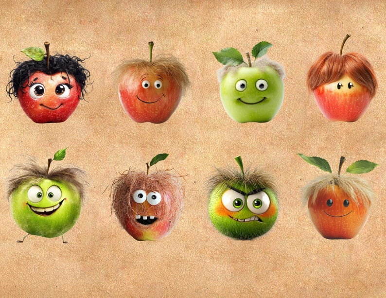 Funny Apple Clipart: Quirky PNG Bundle (commercial Use) - Etsy