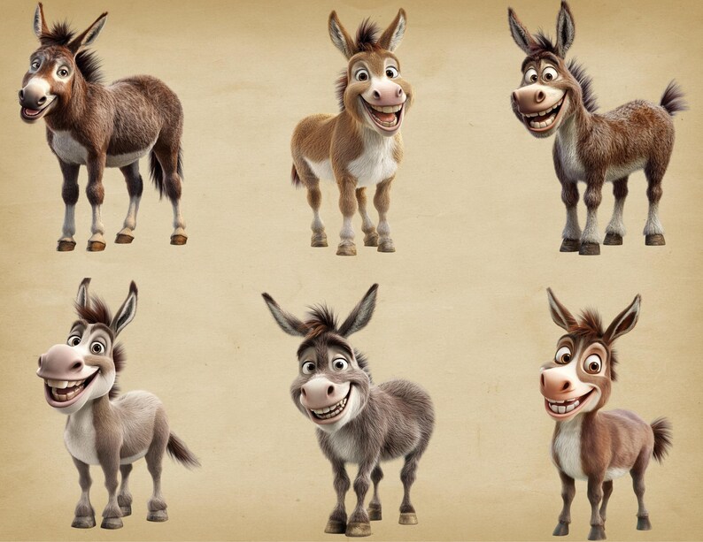 Funny Donkey Clipart Bundle: 33 PNG Farm Animal Graphics (commercial ...
