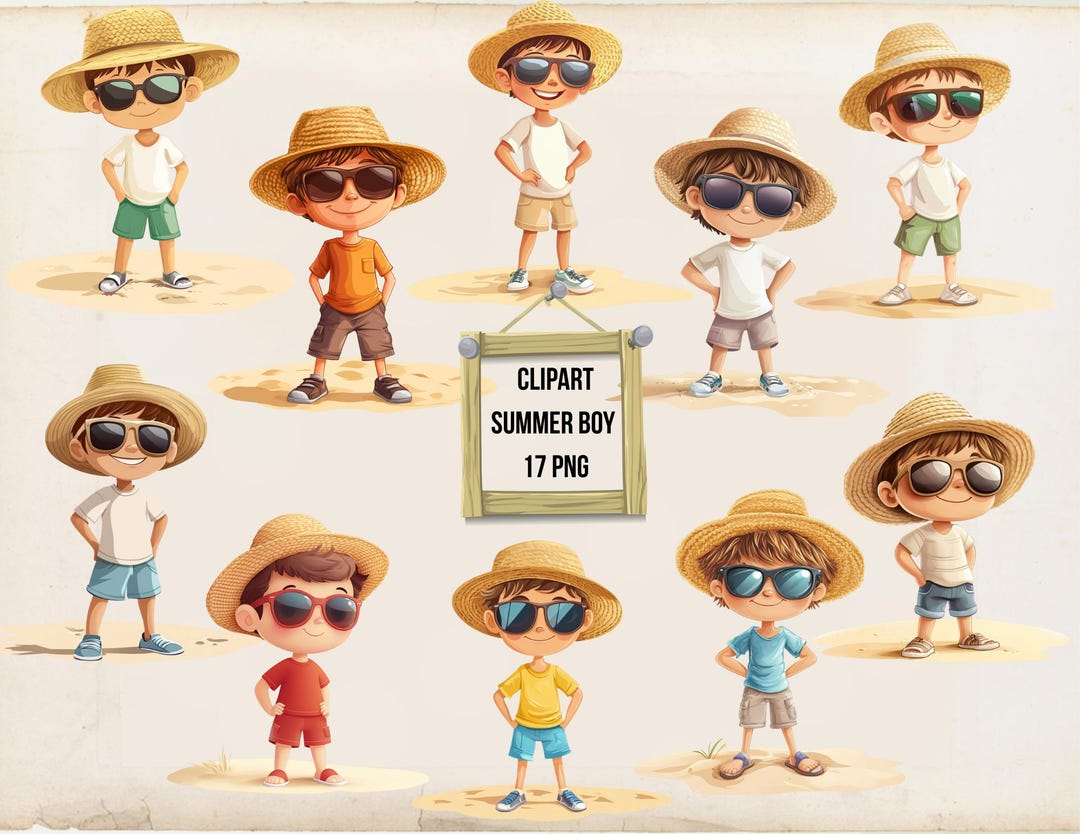 Summer Boys Clipart Bundle, Boys With Hats and Sunglasses PNG, Digital ...
