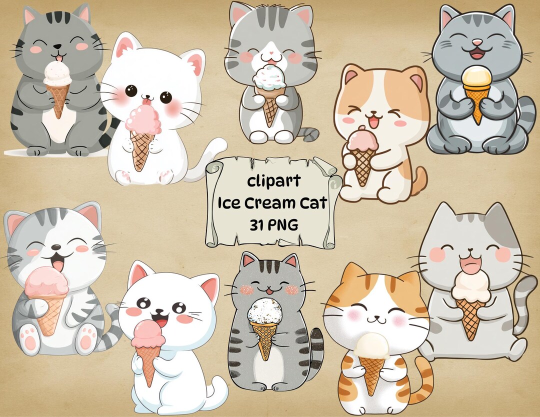 Kawaii Ice Cream Cat Clipart Set: 31 PNG Illustrations (commercial Use ...
