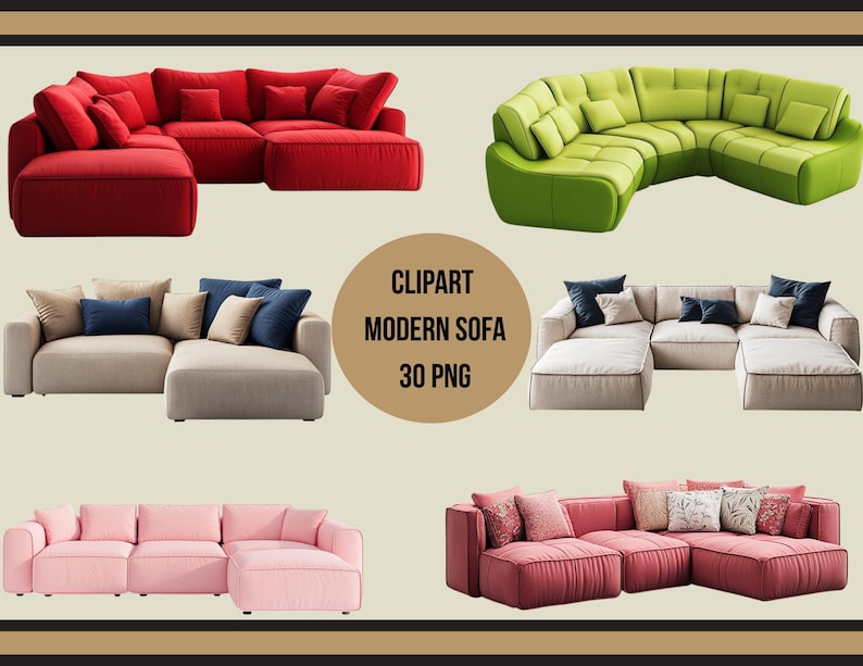 Sofa Clipart PNG Bundle, Interior Design Set, Digital Modern Sofa ...