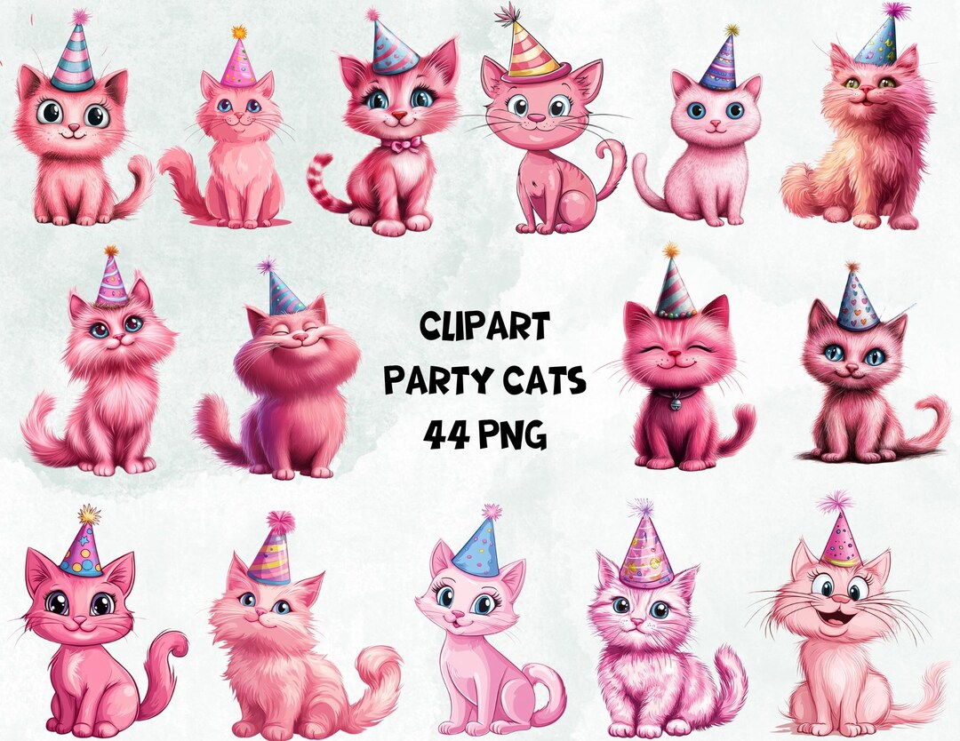 Party Cats Clipart | Adorable Pink Cats With Party Hats | Perfect for ...