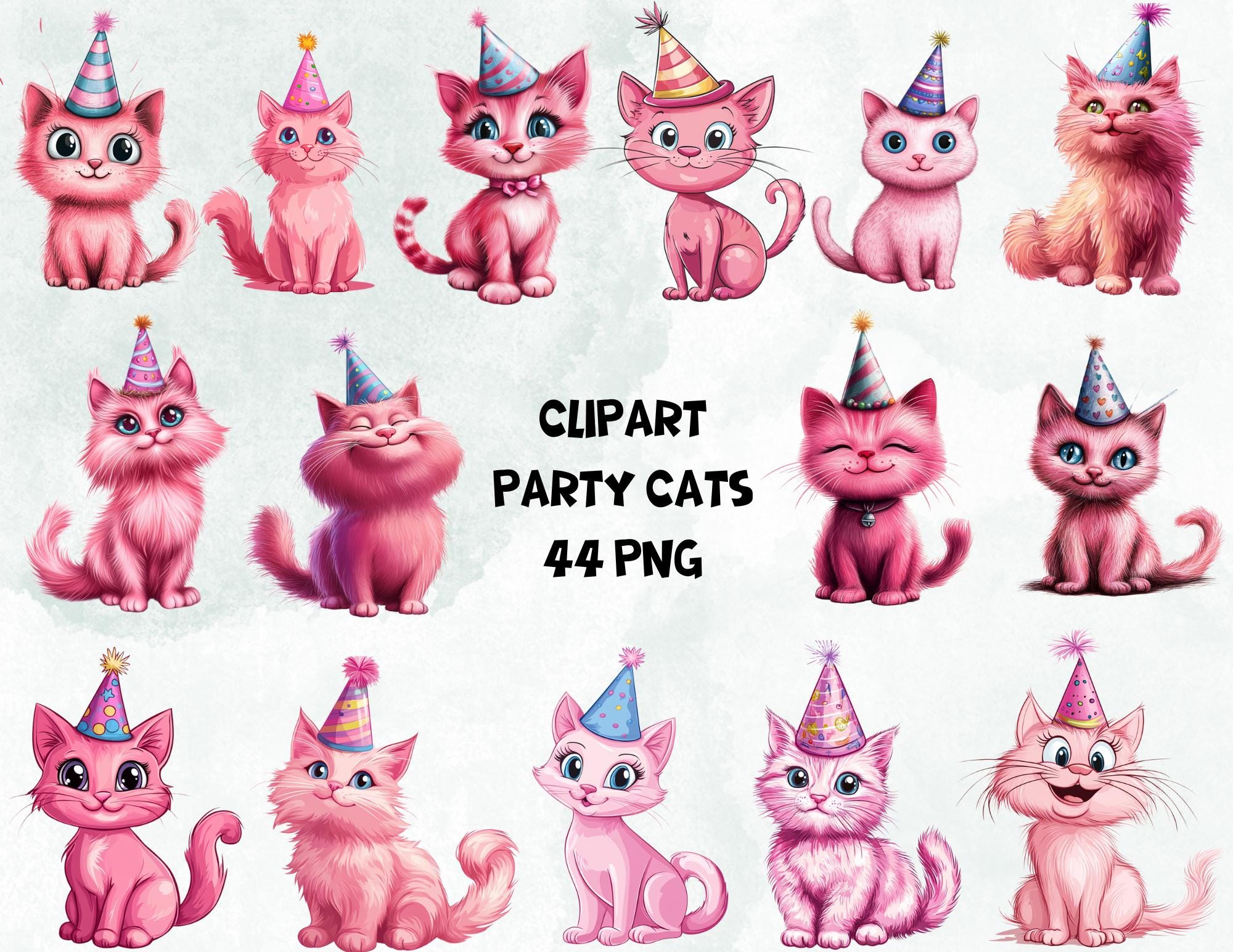 Party Cats Clipart | Adorable Pink Cats With Party Hats | Perfect for ...