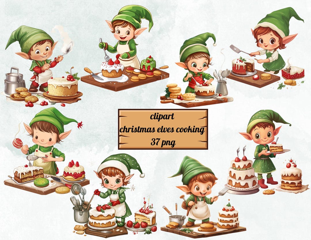 Christmas Elves Cooking Clipart Bundle – 37 PNG Festive Elf | Cute ...