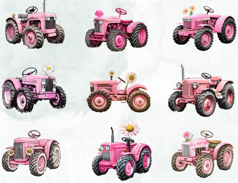 Clipart Pink Tractors, Tractors With Flowers 36 PNG, Digital Print Cute ...