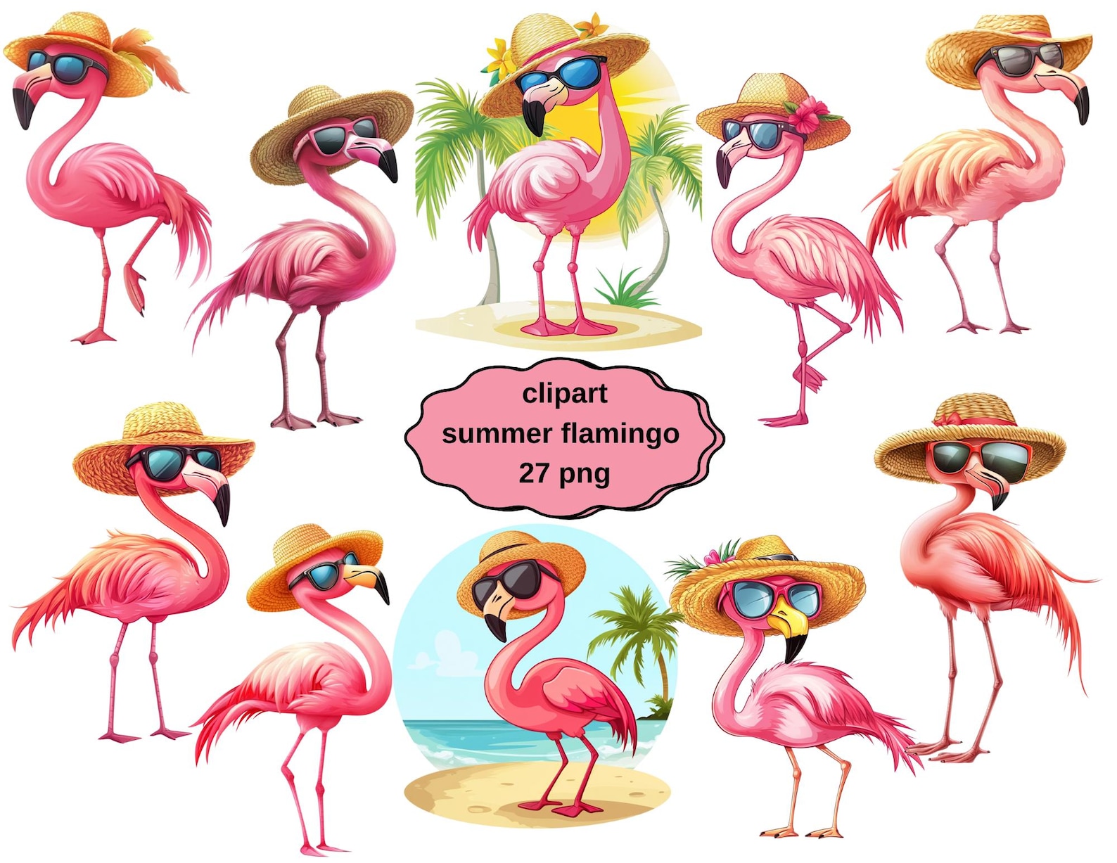 Summer Flamingo Clipart Bundle,tropical Beach Flamingos PNG, Cute Pink ...