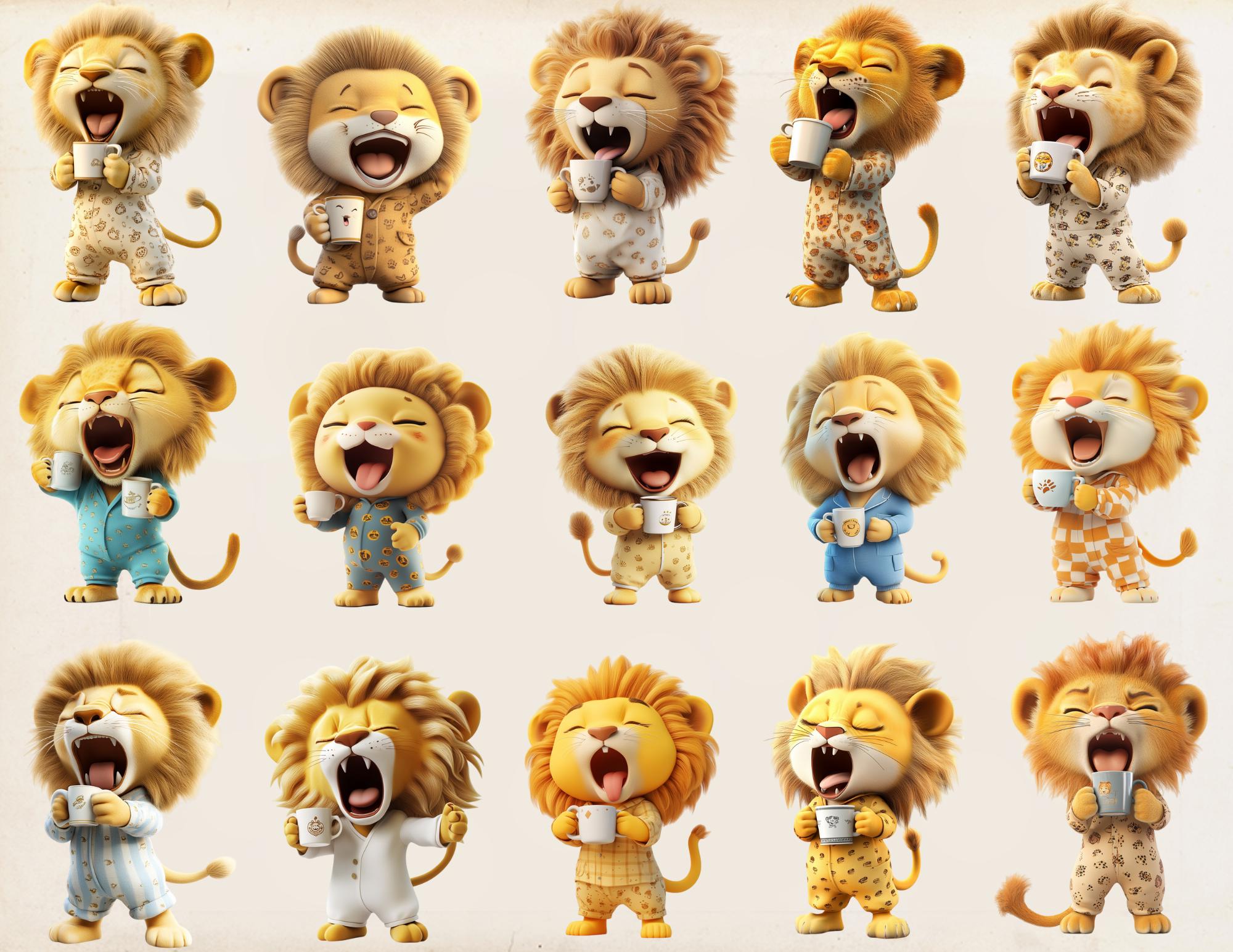 Sleepy Lion Clipart Bundle, Cute Coffee Lions in Pajamas PNG, Digital ...