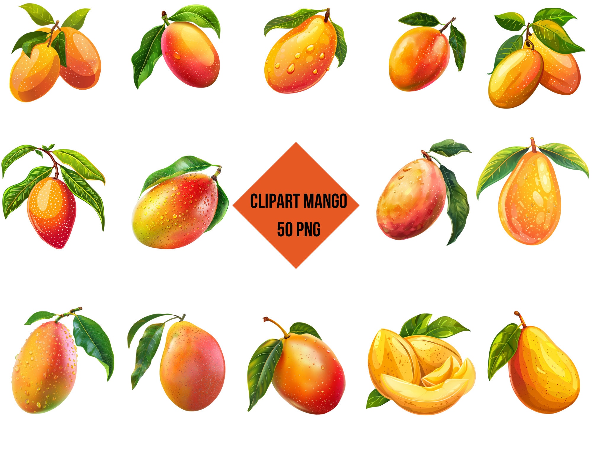 Vibrant Mango Clipart Set Juicy Mango Digital Art Bundle Fruit ...