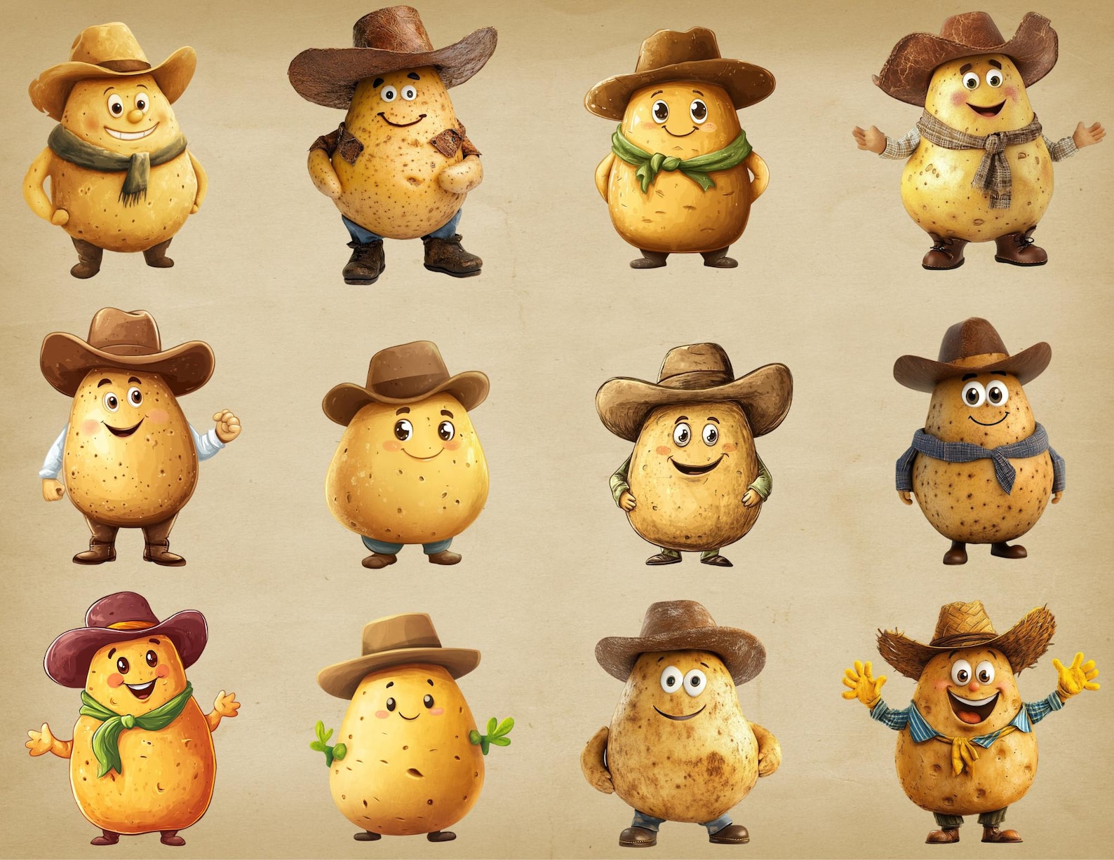 Funny Potatoes Clipart, Cowboy Potato Characters for Creative Designs ...