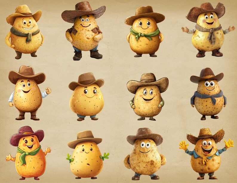 Funny Potatoes Clipart, Cowboy Potato Characters for Creative Designs ...