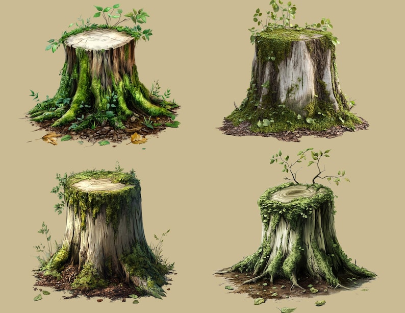 Tree Stump Clipart Bundle, Mossy Wood Logs PNG, Digital Forest ...